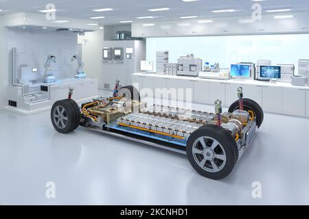 Electric car research and development with 3d rendering ev car with ...
