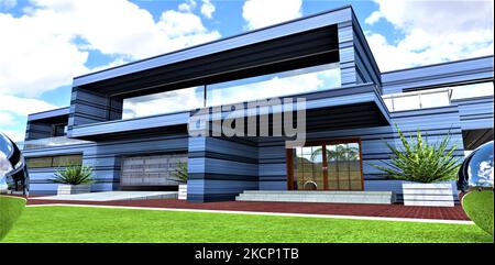 Futuristic porch design of a stylish country house. Wide automatic ...