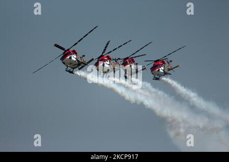 Indian Air Force's (IAF) Sarang helicopters aerobatic team during the ...