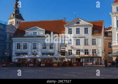 TALLINN, ESTONIA - OCTOBER, 11, 2021: Townhall tower. Streets of old ...