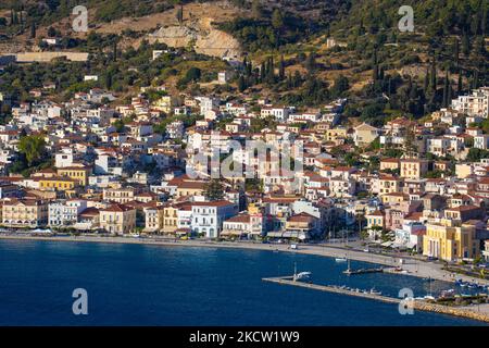 Panoramic view of Samos town, a natural sea harbor, the port town and ...