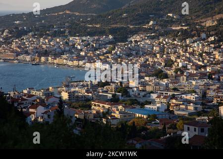 Panoramic view of Samos town, a natural sea harbor, the port town and ...