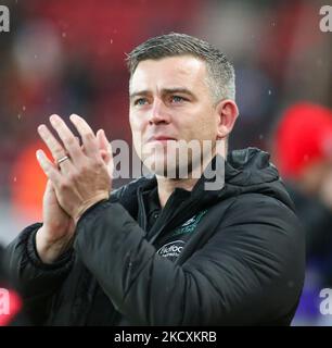 Plymouth Argyle Manager Steven Schumacher looks dejected during the Sky ...