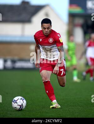 Elliott List of Stevenage pictured with the ball during the Sky Bet ...