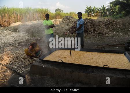 Sugarcane Jaggery in making by boiling sugarcane juice to make ...