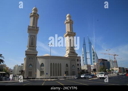 Ras Rumman Mosque with the World Trade Center towers behind, Bahrain ...