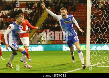 James Jones of Barrow celebrates after scoring during the FA Cup Third ...