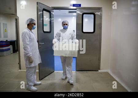 Laboratory technicians wearing full face masks and protective suits ...