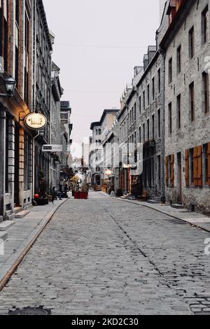 A vertical shot of a narrow cobbled street surrounded by buildings ...