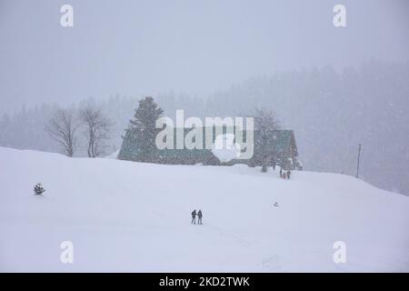 People walk amid snowfall at famous ski destination Gulmarg on 15 ...