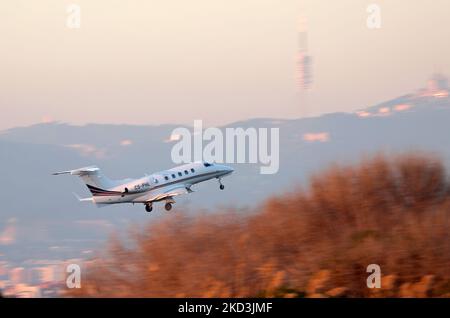 NetJets Embraer Phenom 300 taking off from Biarritz airport Stock Photo ...