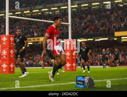 Rio Dyer of Wales celebrates his try during the 2024 Guinness 6 Nations ...