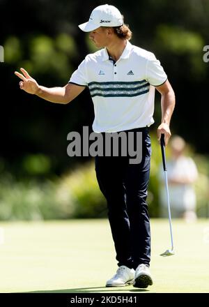 Harrison Crowe (A) of Australia reacts after his putt the 4th green ...