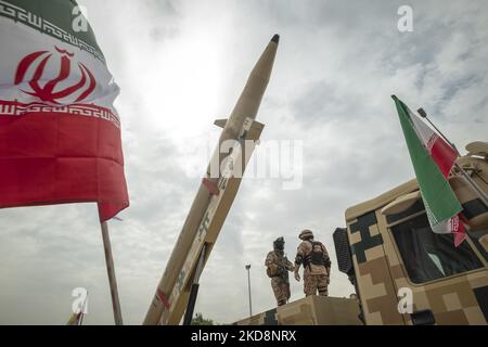 Two Iranian Kheibar Shekan Ballistic missiles are seen in downtown ...