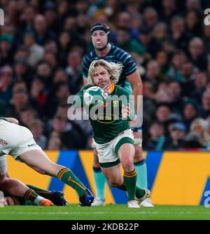 Faf de Klerk of South Africa speaks with Handre Pollard of South Africa ...