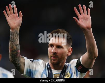 Lionel Messi of Argentina wave to the crowd after Finalissima Conmebol ...