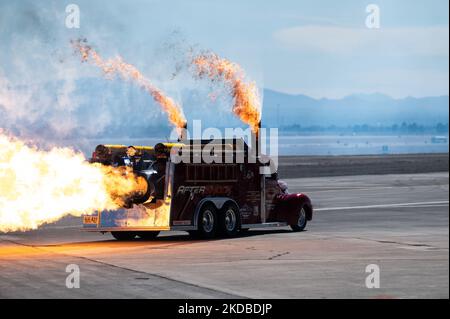 A jet engine fire truck, known as “Aftershock,” performs during the ...