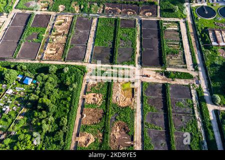 Silt pits next to the city's wastewater treatment plant, viewed from a ...
