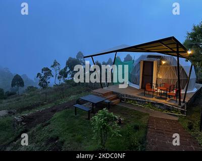 Evening scenery alongside an 'Igloo' shaped yurt dome at a upscale ...