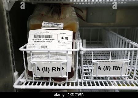 A blood container is seen during the World Blood Donor Day (WBDD), at a ...