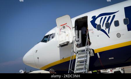 People deplane from a a Ryanair Boeing 737-800 landed in Brindisi ...