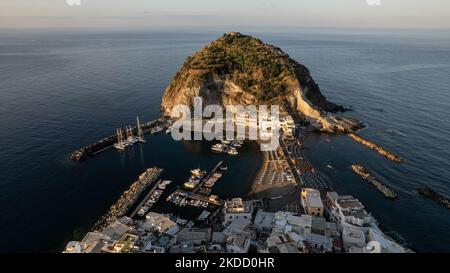 A drone view of Ischia Sant'Angelo at sunrise, in the island of Ischia ...