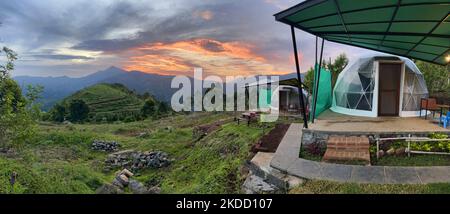 Sunrise seen by an 'Igloo' shaped yurt dome at a upscale 'glamping ...