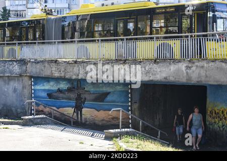 Mural with the iconic ukrainian postage stamp of a Ukrainian soldier ...