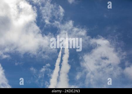Two PAC-2 Patriot interceptor missiles are launched at a Kratos Defense ...