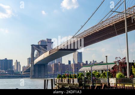 The iconic Brooklyn Bridge, one of the major landmarks in New York City ...