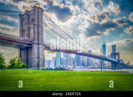 The iconic Brooklyn Bridge, one of the major landmarks in New York City ...
