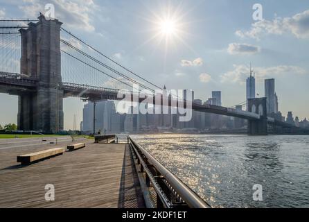The iconic Brooklyn Bridge, one of the major landmarks in New York City ...