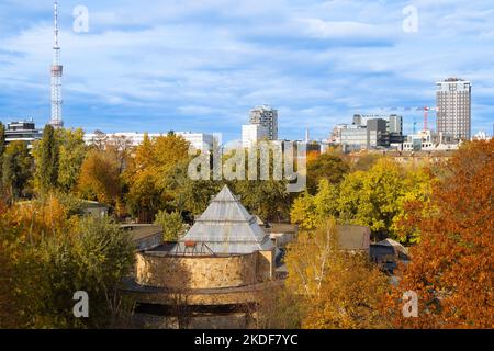 City building. Multi-storey residential building. Panorama of autumn ...