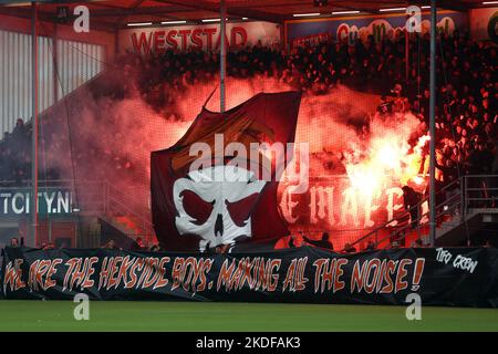 VOLENDAM - Fireworks Volendam fans during the Dutch First Division ...