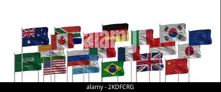 G20 summit or meeting concept. A string of G20 flags and a list of ...