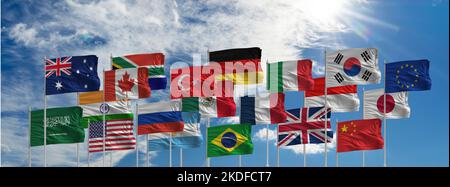 G20 summit or meeting concept. A string of G20 flags and a list of ...