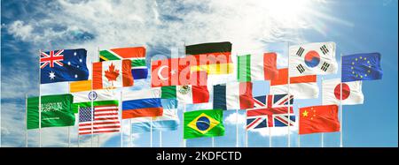 G20 summit or meeting concept. A string of G20 flags and a list of ...