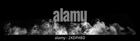 Panorama of steam, smoke, gas isolated on a black background. Swirling ...