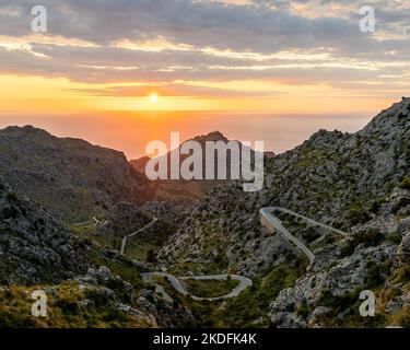 An aerial shot of the Sa Calobra snake road on the island of Mallorca ...