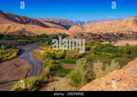 The Berber village of Tizguine in the M'Goun region of the Atlas ...