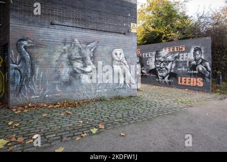 A collection of murals in Leeds,one pictured celebrating famous figures ...