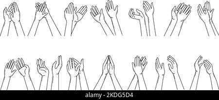 hand drawing of hands up, clapping ovation. applause, thumbs up and peace gesture on doodle ...