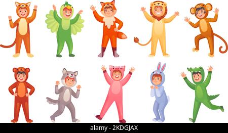 Animal cosplay. Child masquerade of animals characters, carnival costum ...