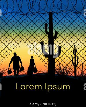 Migration / Immigration: man crossing the border and USA and Mexican ...