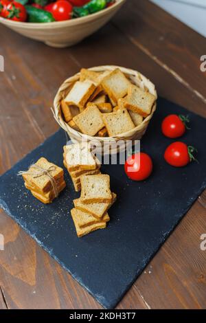 Fresh croutons made of whole grain flour, golden in color. Toasts for ...