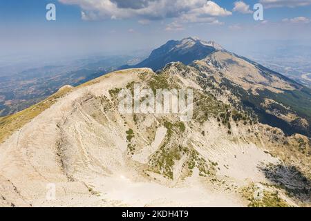 Drone panorama of Mount Tomorr in the Tomorr National Park with Shrine ...
