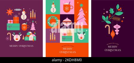 Merry Christmas modern design, holiday gifts, winter elements, candles ...