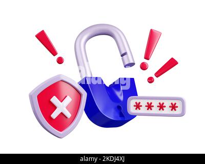 3d render, secure warning, personal data protection concept with red padlock and field with ...