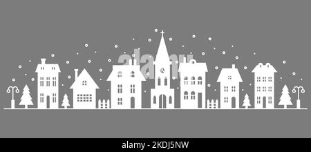 Suburban neighborhood winter landscape. Silhouette of houses and church ...