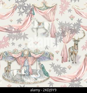 Animal carousel. Pattern Painted by hand in watercolor. Used in modern ...